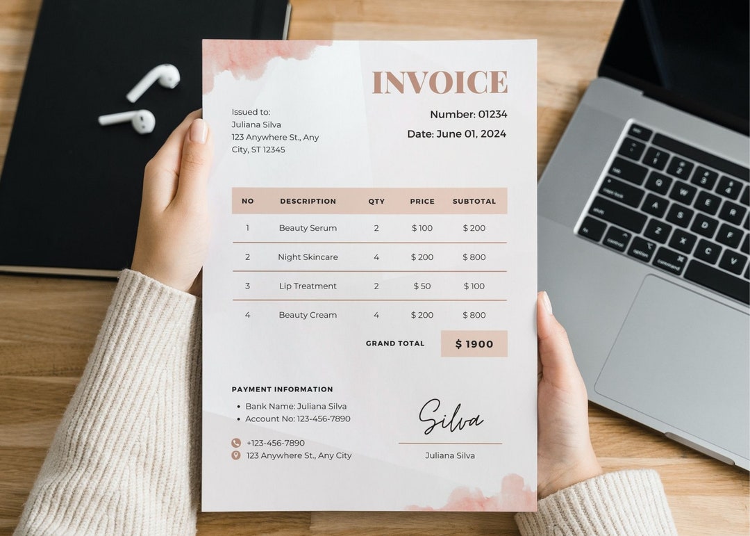 Watercolor Invoice Template Printable Invoice Custom Order - Etsy
