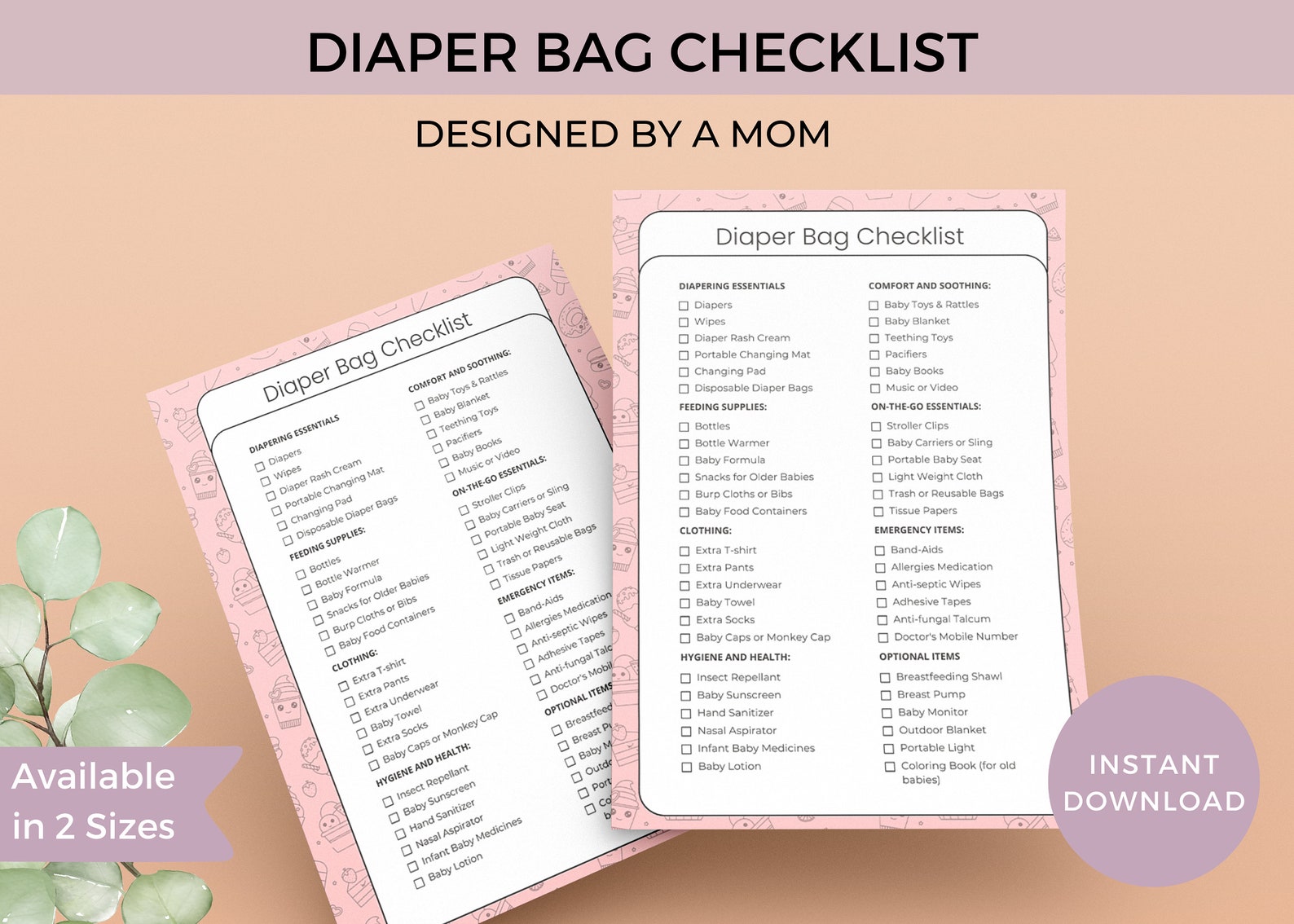 Printable Diaper Bag Checklist Digital Diaper Bag Checklist for New ...