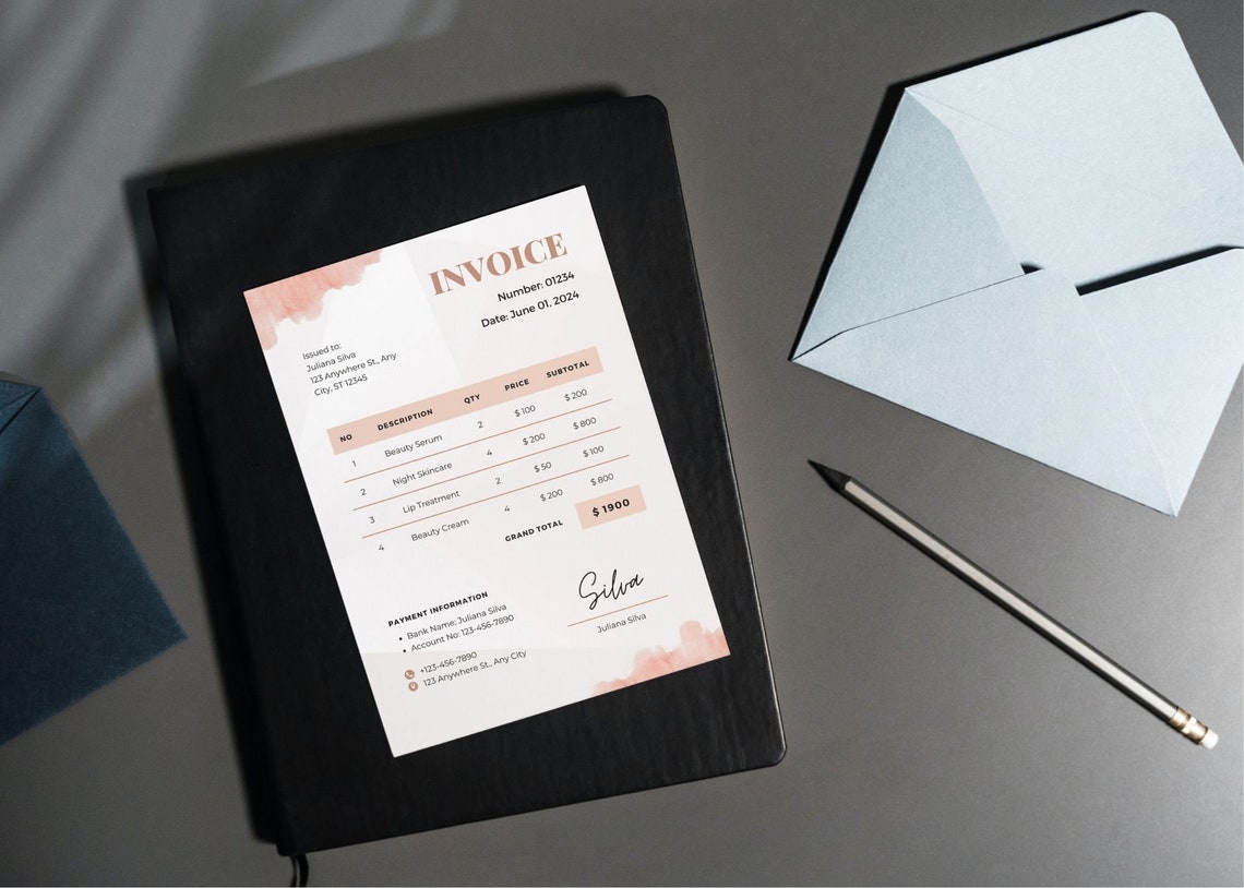 Watercolor Invoice Template Printable Invoice Custom Order - Etsy