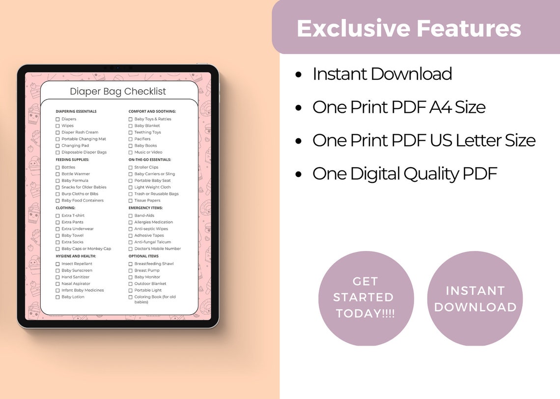 Printable Diaper Bag Checklist Digital Diaper Bag Checklist for New ...