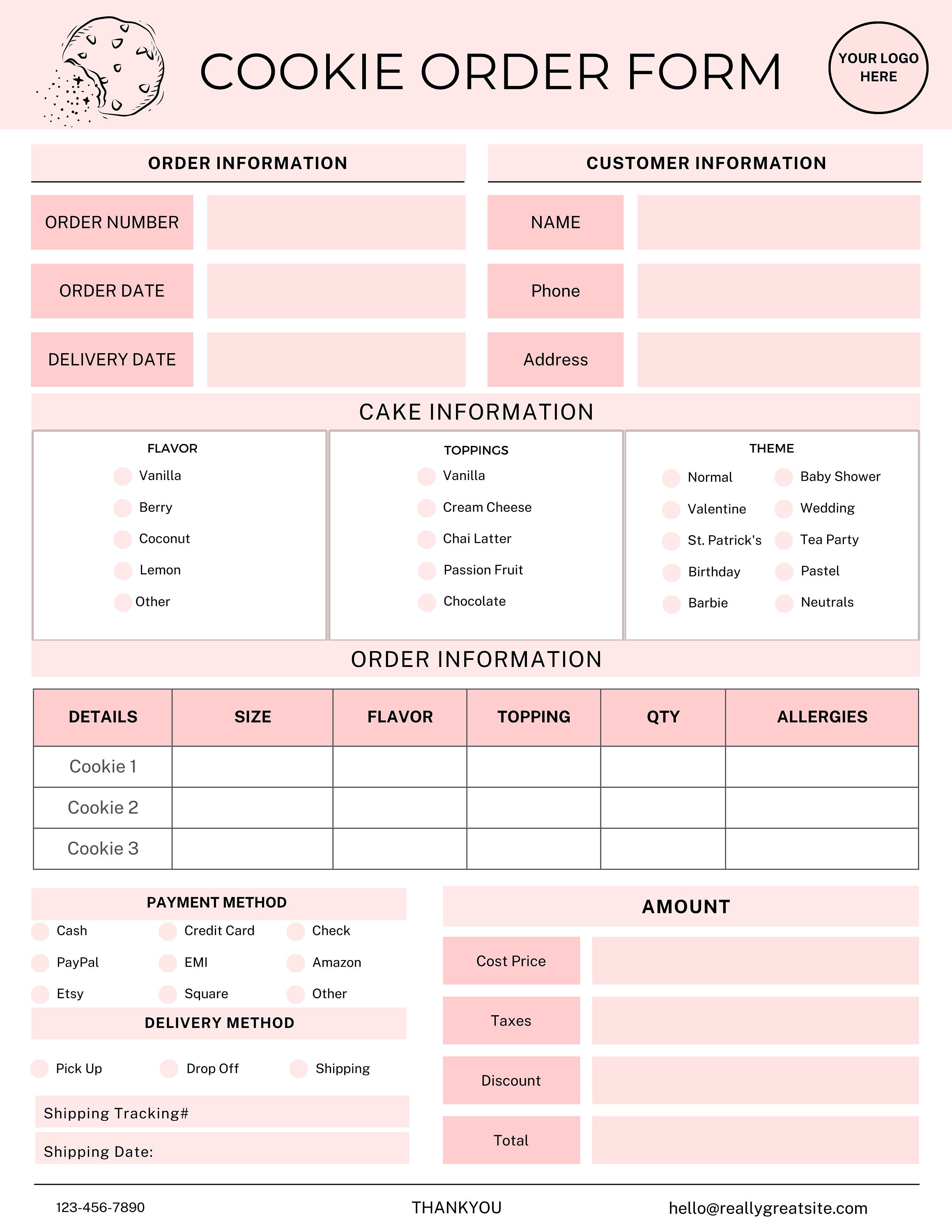 Cookie Order Form Template | Bakery Order Form Template | Small ...
