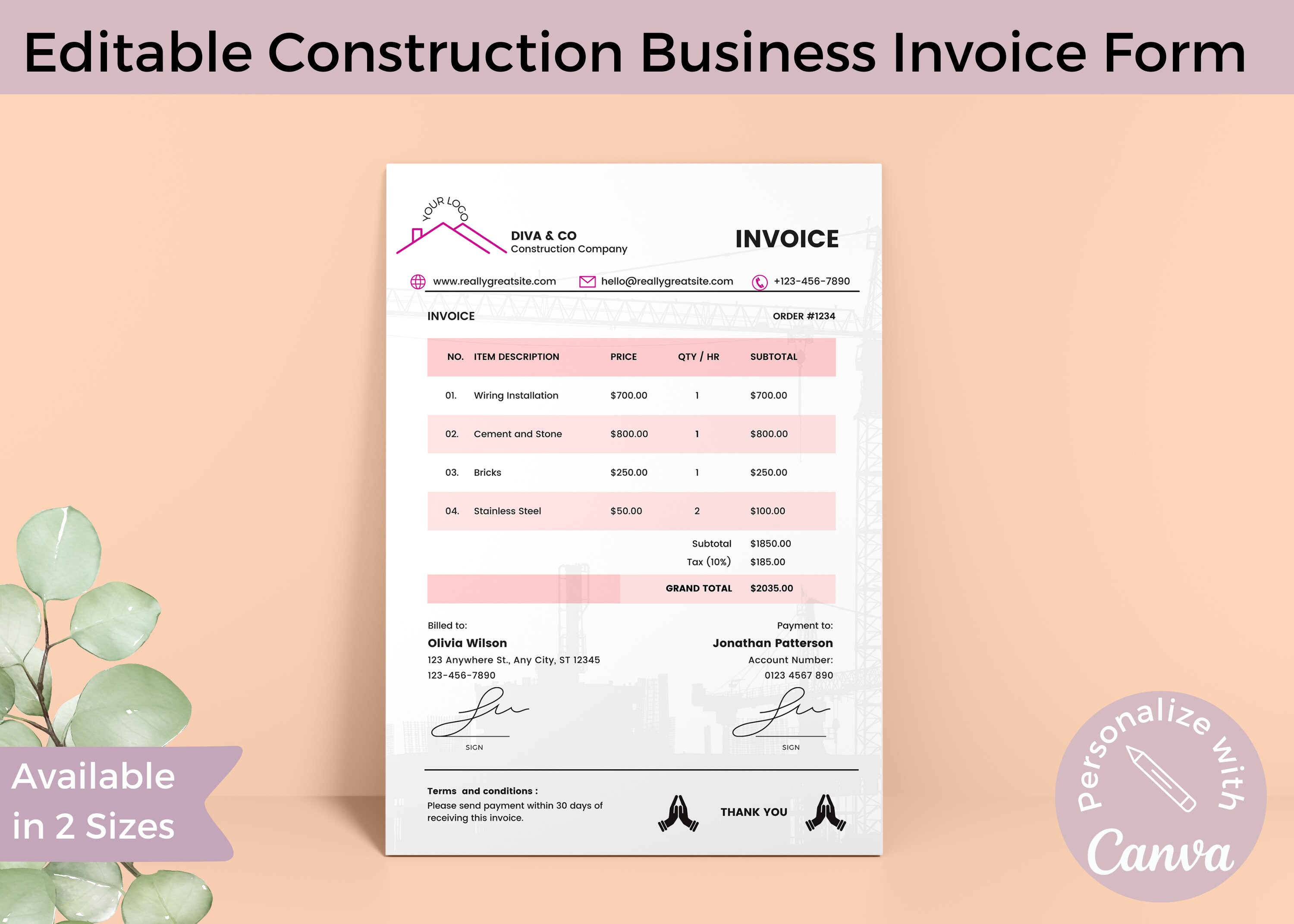 Construction Invoice Template for Business Generic Invoice Form ...