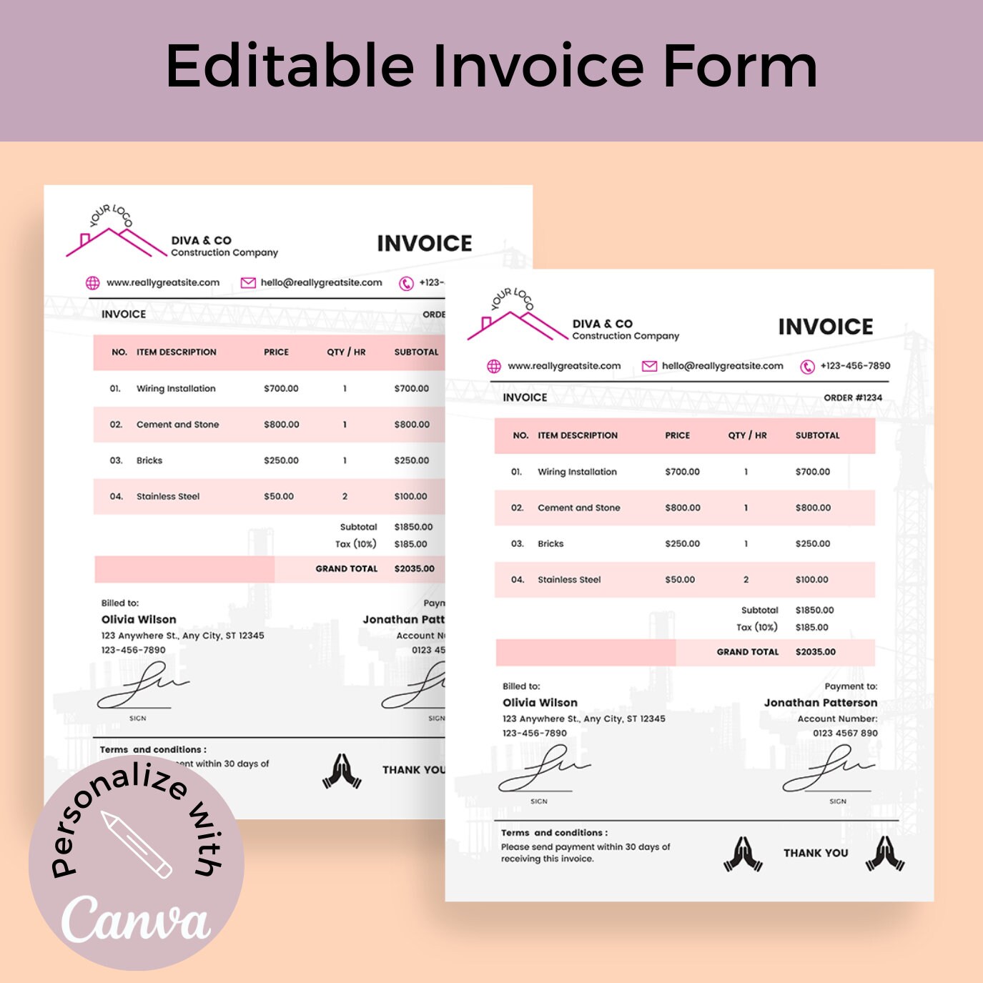 Construction Invoice Template for Business Generic Invoice Form ...