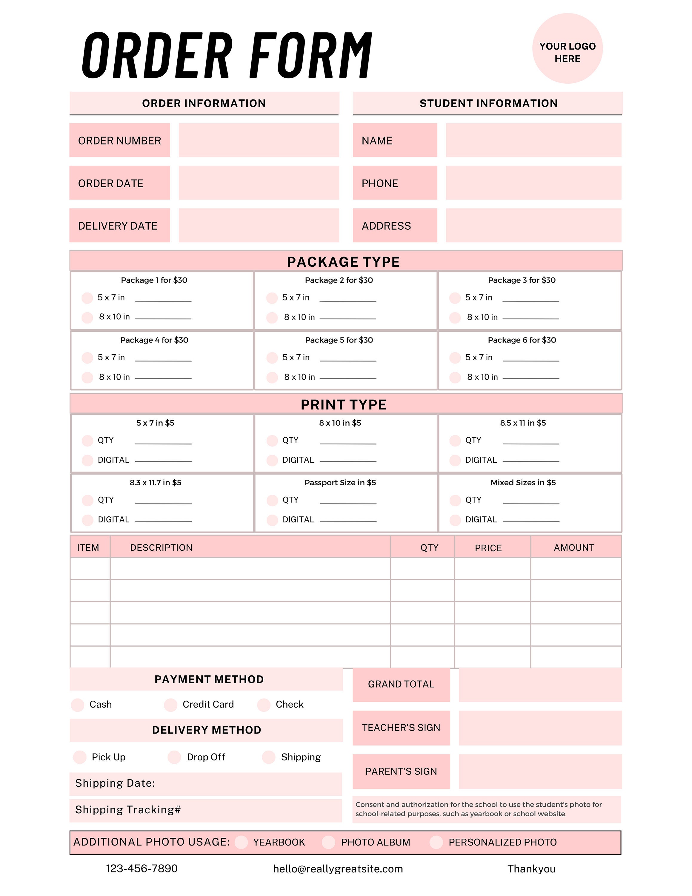 School Photo Order Form for Business Photography Order Form Template ...