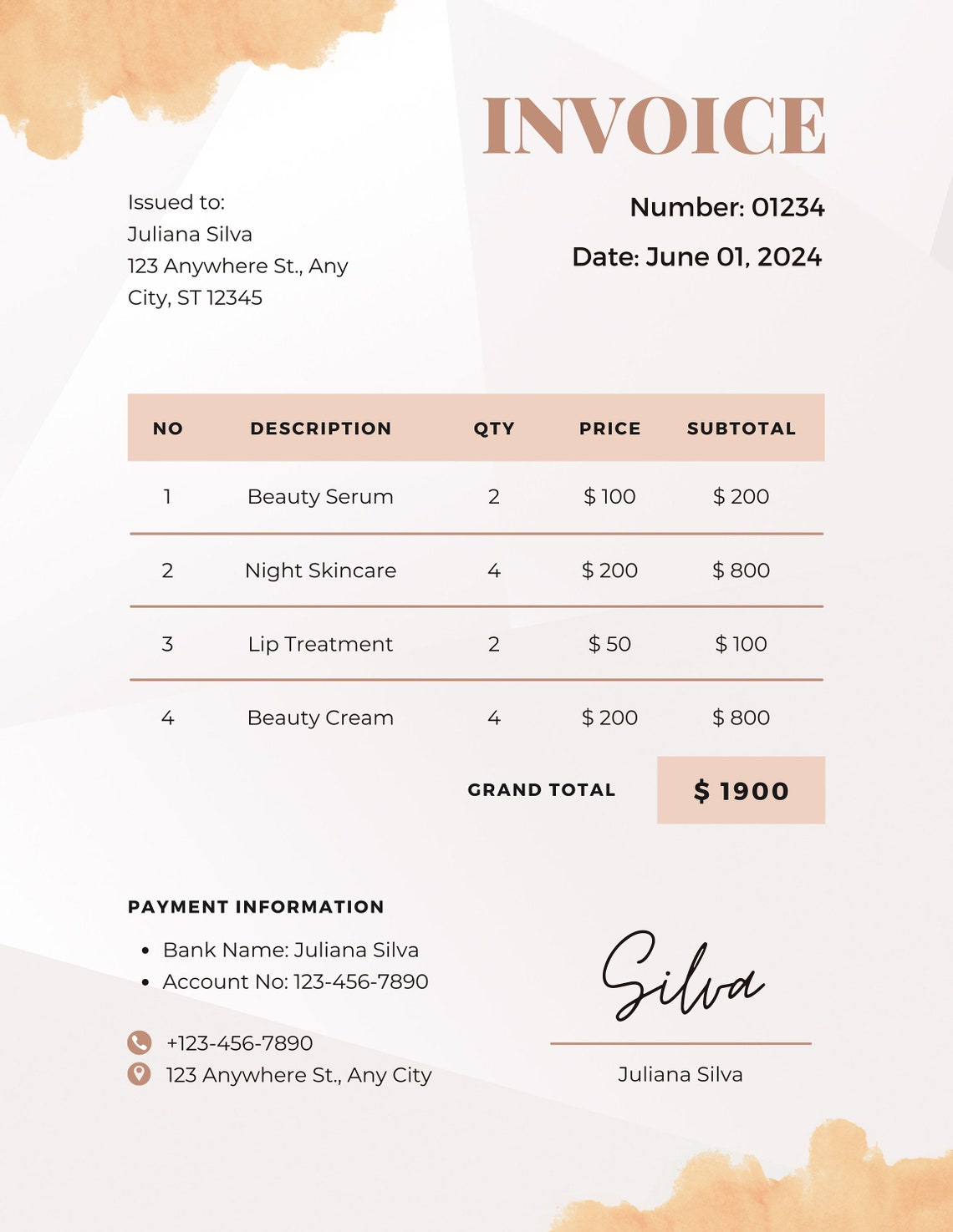 Watercolor Invoice Template Printable Invoice Custom Order - Etsy