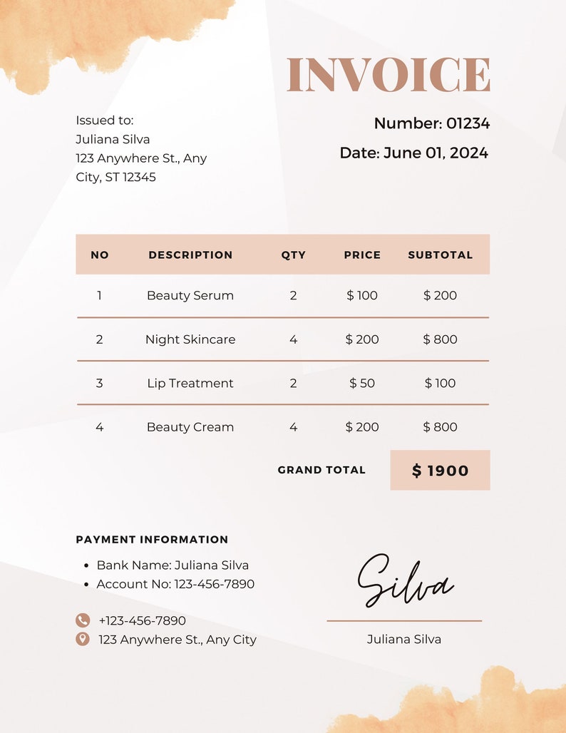 Watercolor Invoice Template Printable Invoice Custom Order - Etsy
