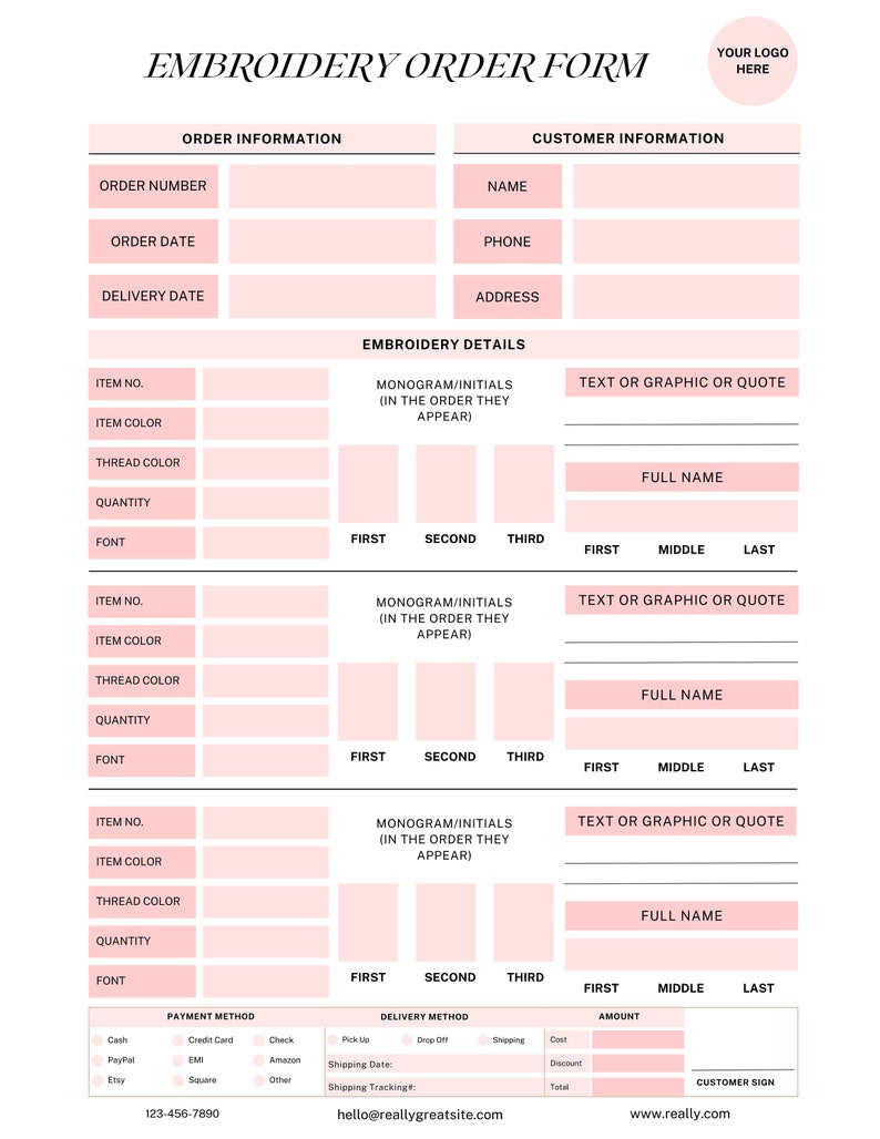 Editable Embroidery Order Form Template for Embroidery - Etsy