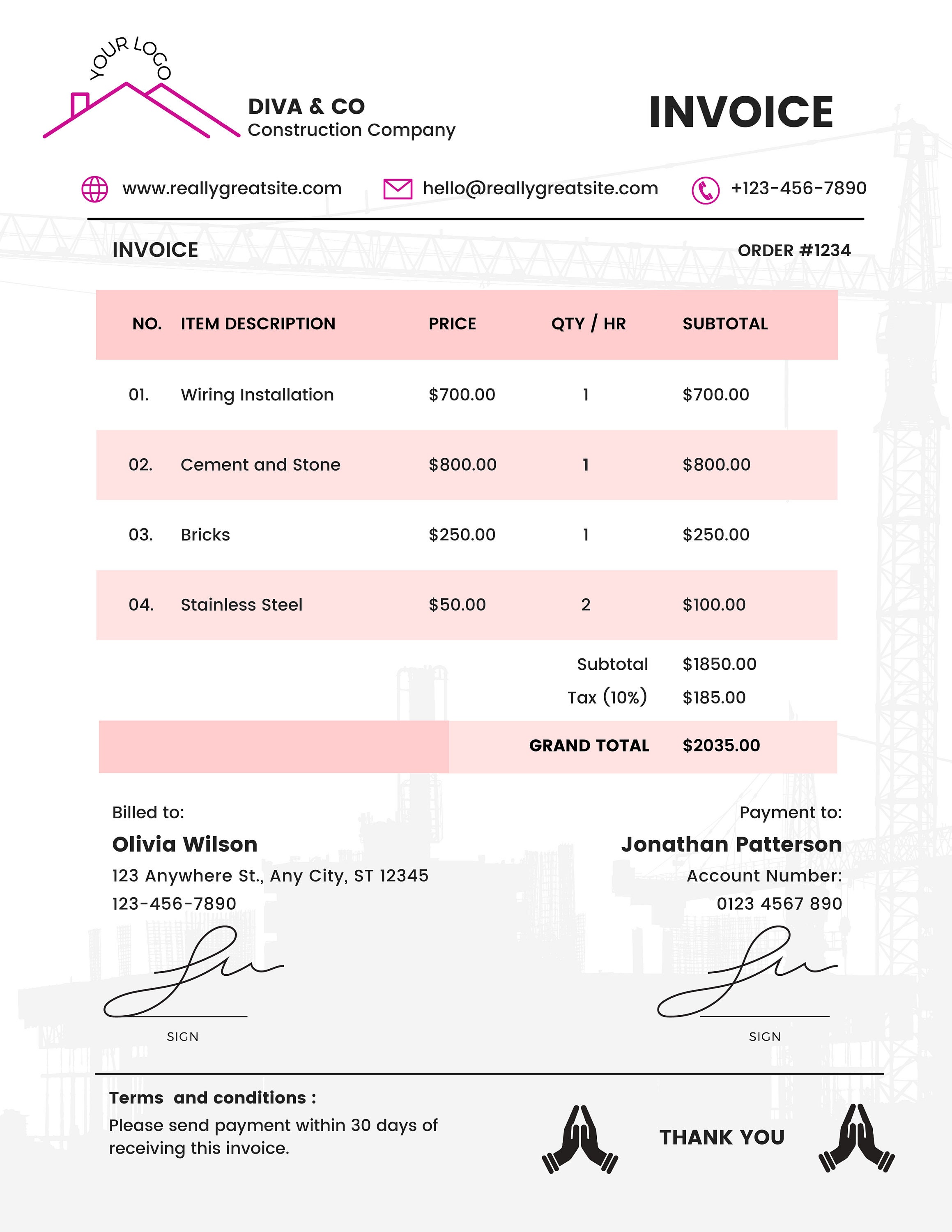 Construction Invoice Template for Business Generic Invoice Form ...