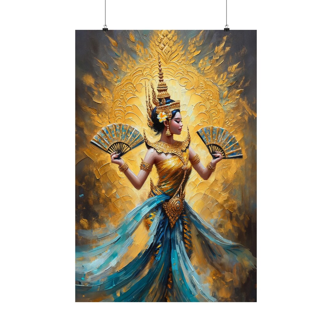 Matte Poster - Vertical - Blue and Gold - Cambodian Apsara Dancer Print ...