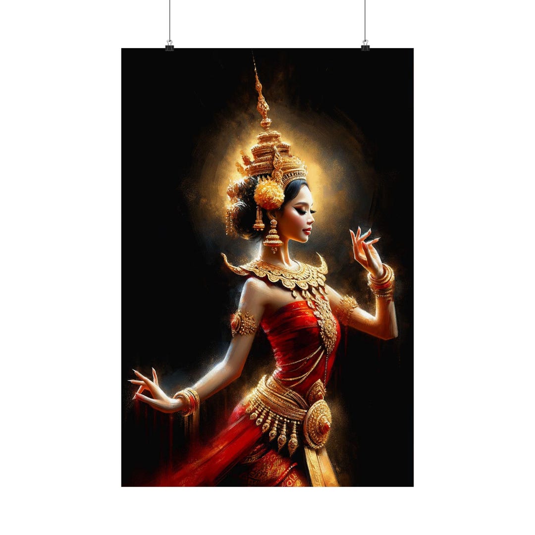 Matte Poster - Cambodian Red and Gold Apsara Dancer Print - Traditional Modern Khmer Art on ...