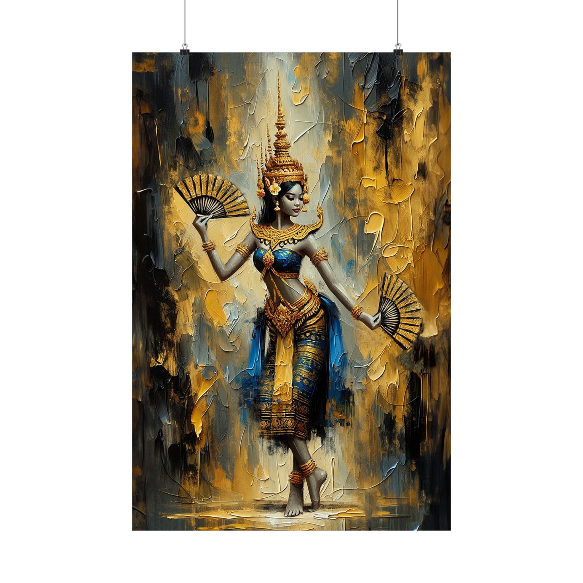 Matte Poster - Cambodian Blue and Gold Apsara Dancer With Fans Print ...