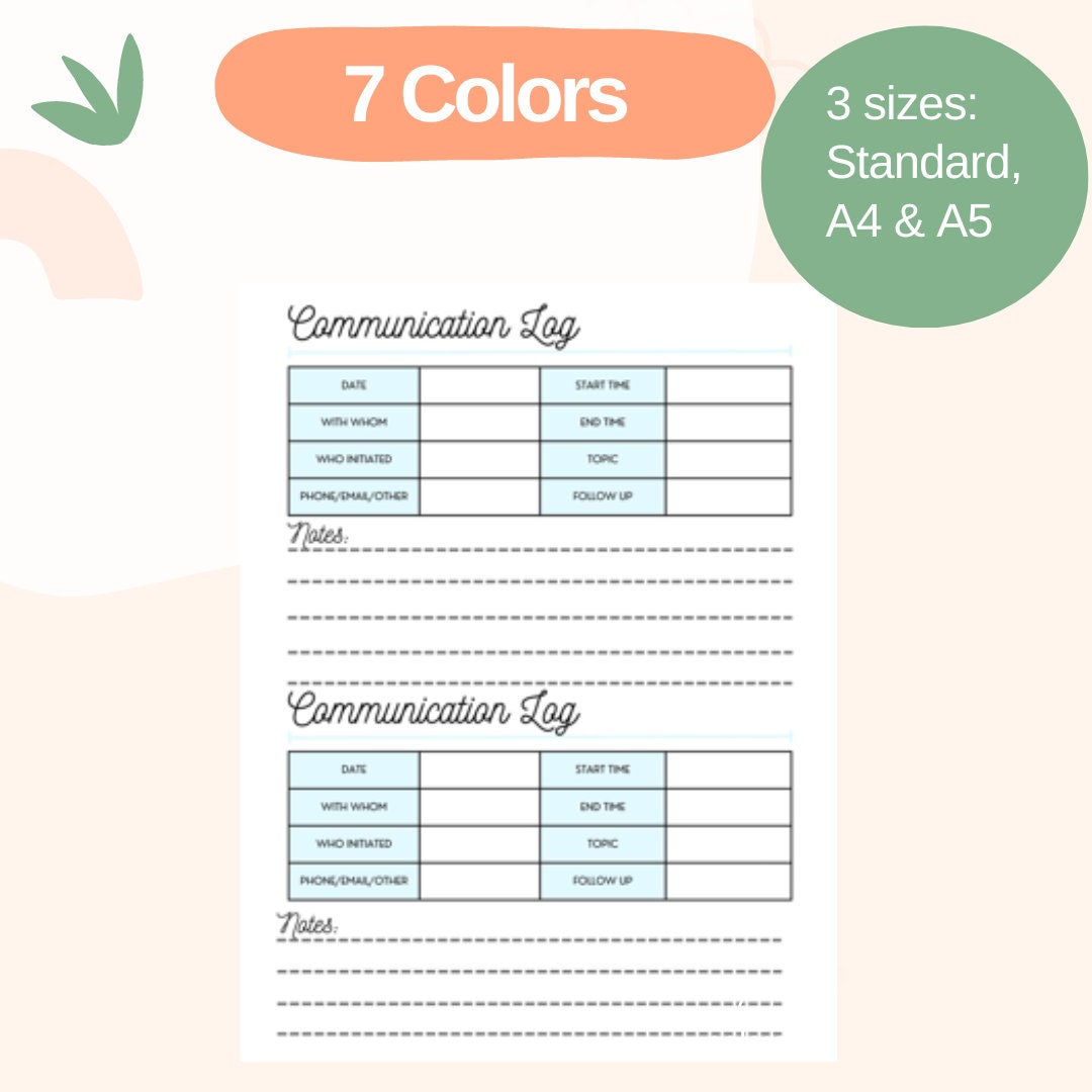 Printable Communication Log, Call Log Template, A4, A5 and Letter Size ...
