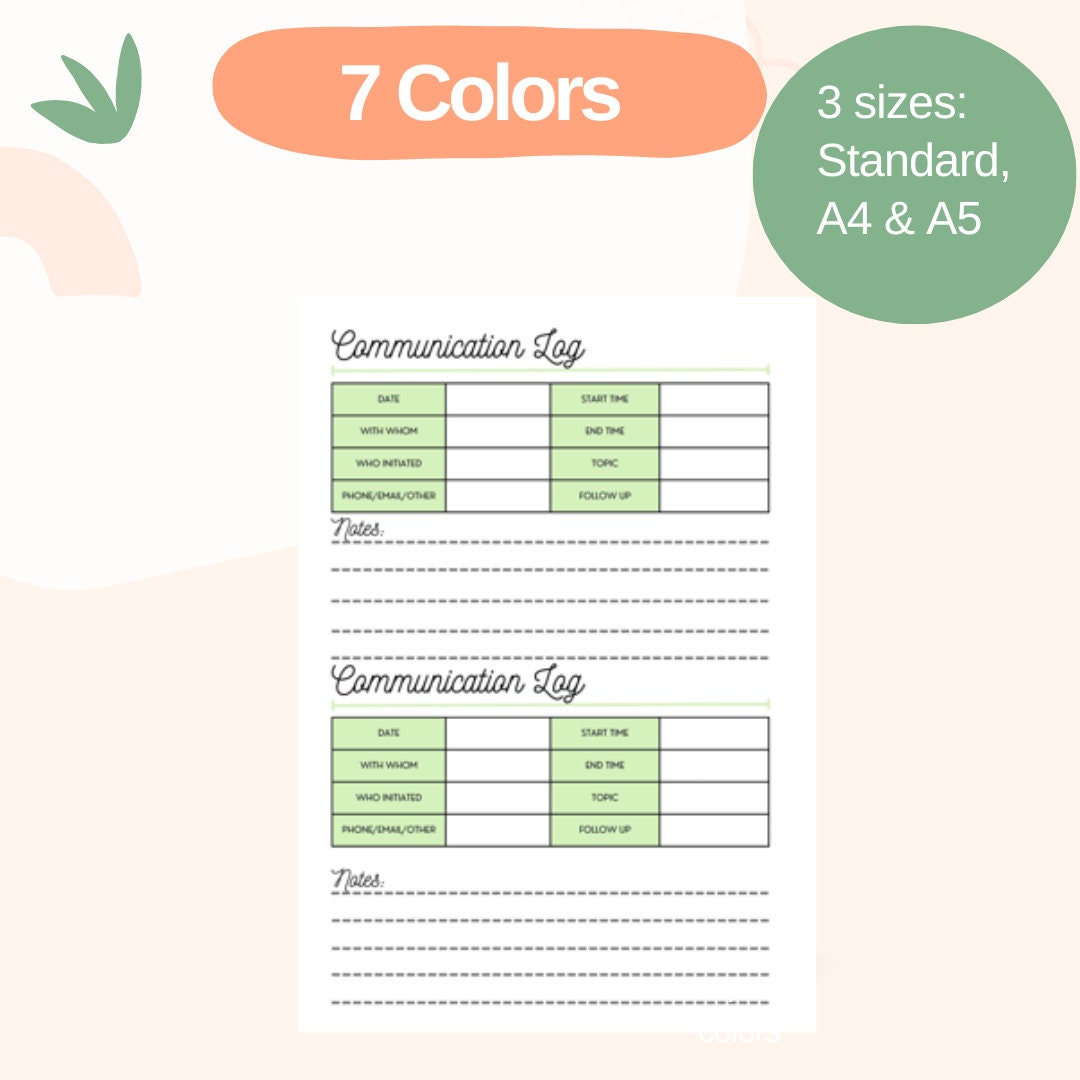 Printable Communication Log, Call Log Template, A4, A5 and Letter Size ...