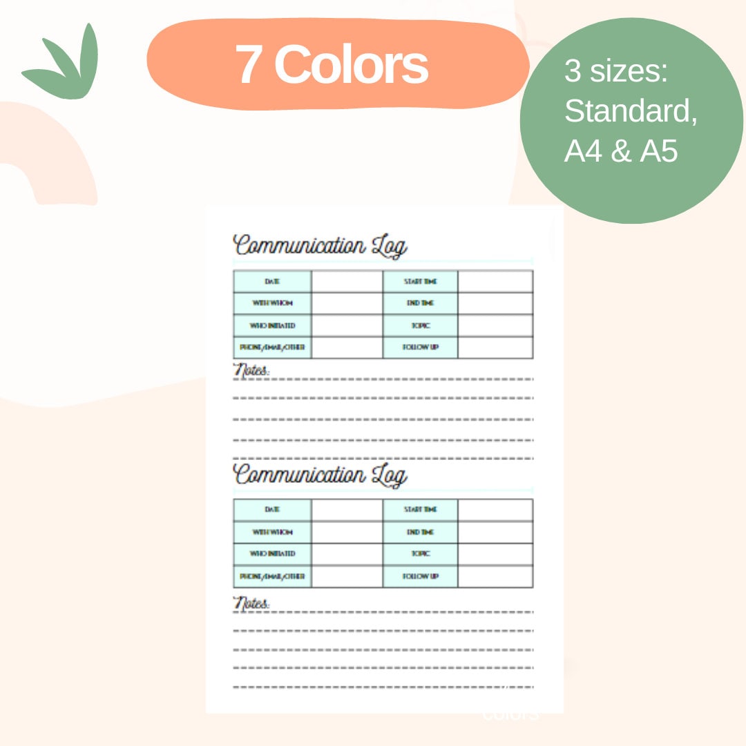 Printable Communication Log, Call Log Template, A4, A5 and Letter Size ...