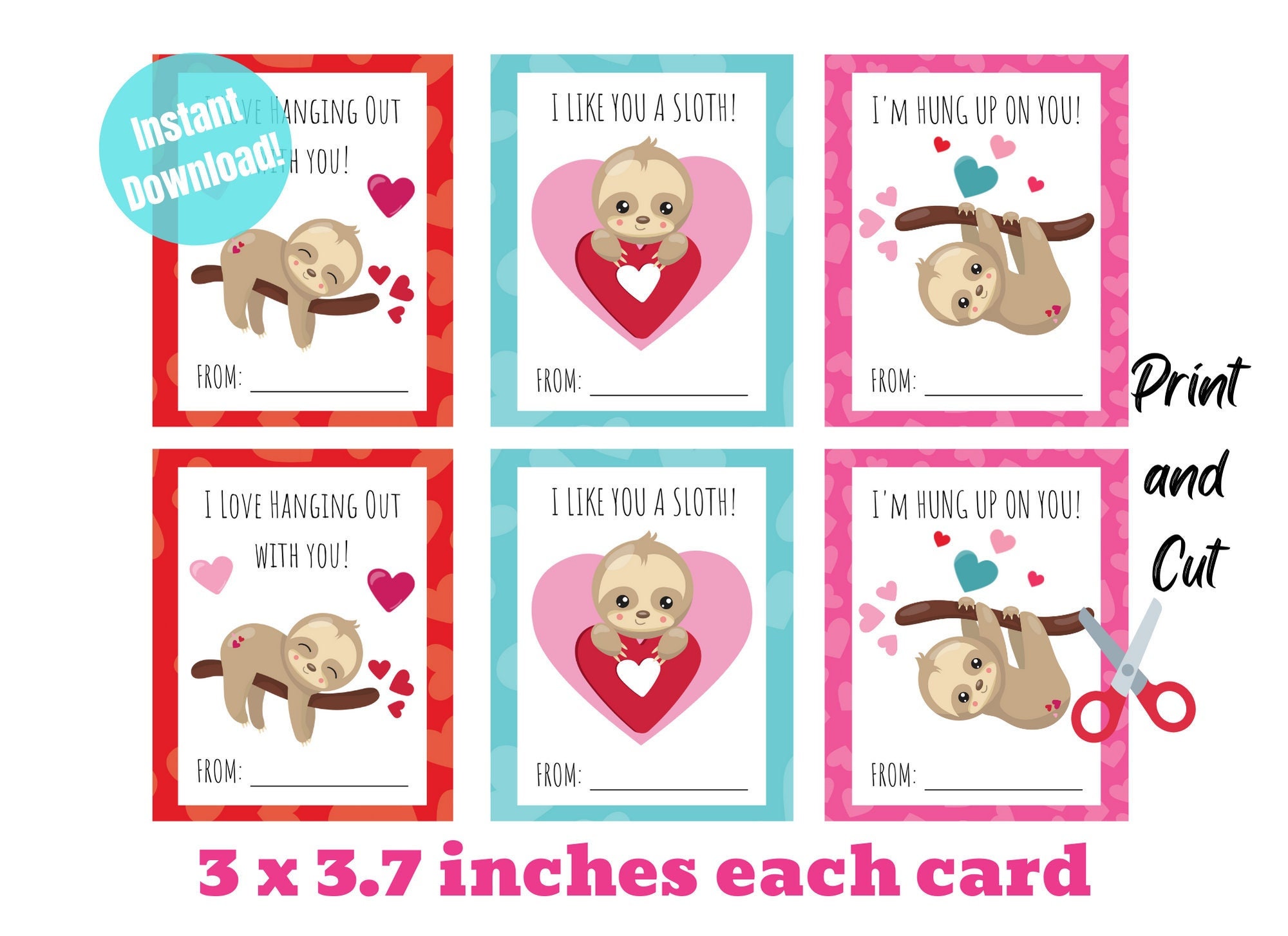 Valentine's Day Cards for Kids, Printable, Sloth Valentine, Classroom ...