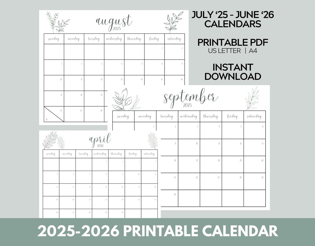 2025-2026 Printable Calendar, Simple Floral Design, Sage Green ...