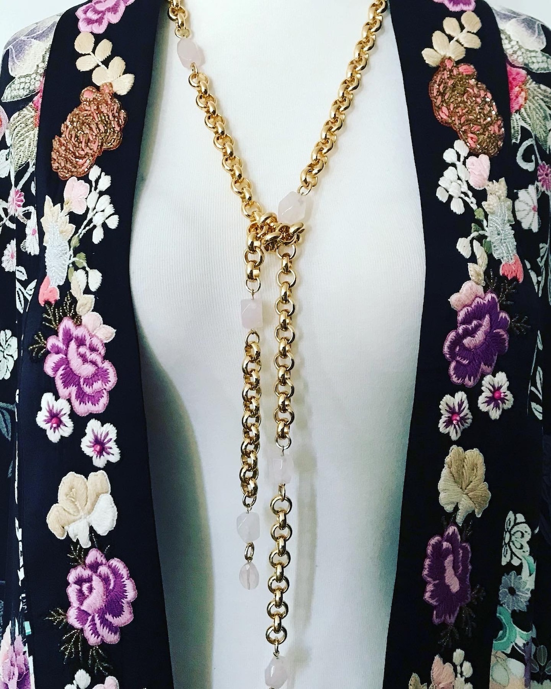 Chunky Rose Quartz Lariat Necklace: Italian Gold Tone Chain - Etsy