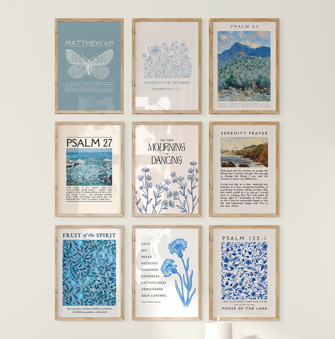 Christian Wall Art Bundle in Blue (set of 9) Gallery Wall Set Colorful ...
