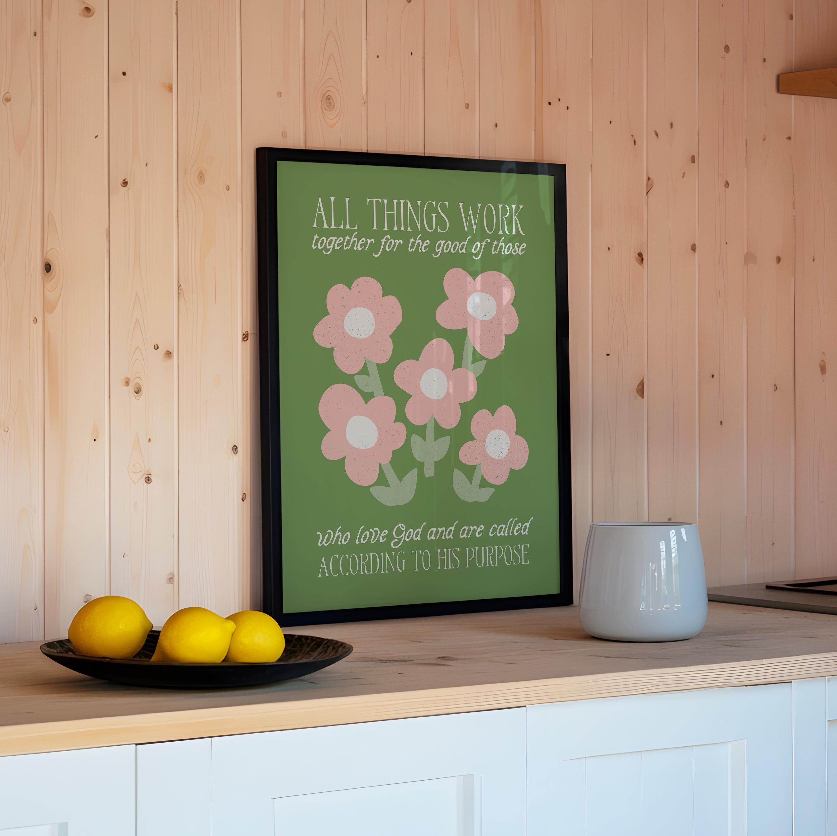 Romans 8:28 Floral Print, Christian Wall Art, Bible Verse Poster, Pink ...
