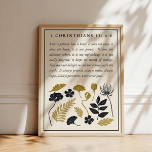 1 Corinthians 13 Christian Wall Art Bible Verse Linocut Poster Floral ...