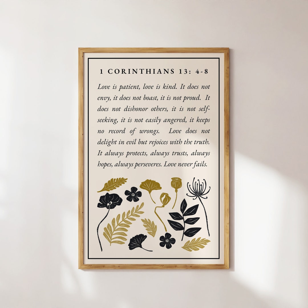 1 Corinthians 13 Christian Wall Art Bible Verse Linocut Poster Floral ...