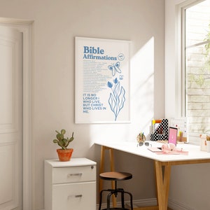 Bible Affirmations Blue Poster for Christian Girl Home Decor for Sunday ...