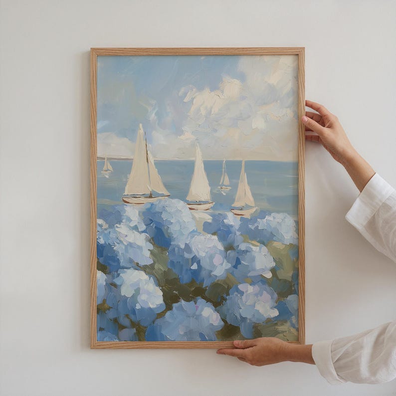 Sailboats & Hydrangea Painting: Coastal Nautical Art (digital Download ...