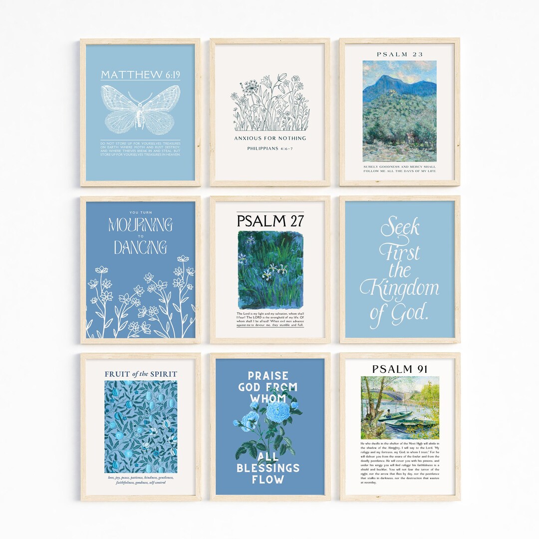 Christian Wall Art Set of 9, Blue Wall Art, Bible Verse Home Decor ...