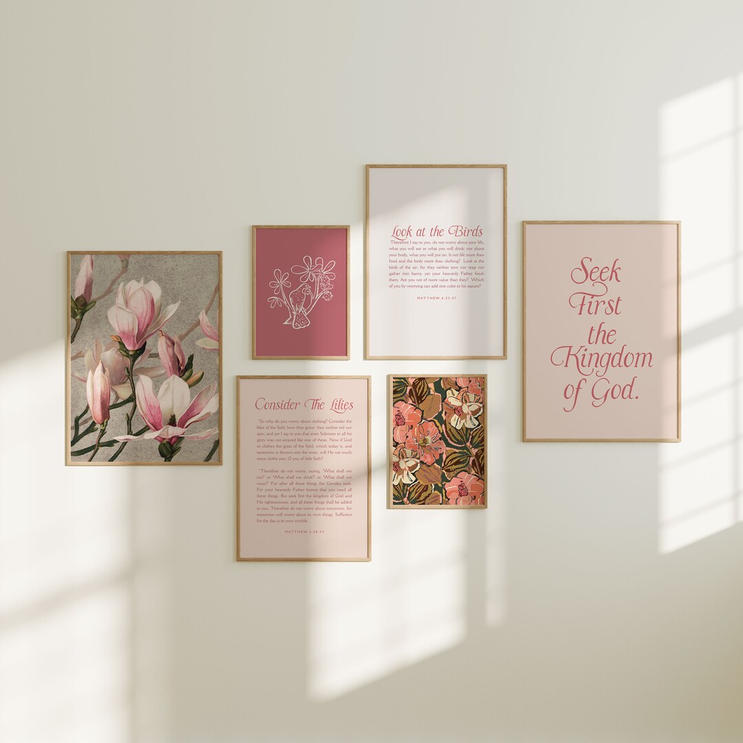Christian Pink Gallery Wall Set Colorful, Vintage Floral Printable Wall ...