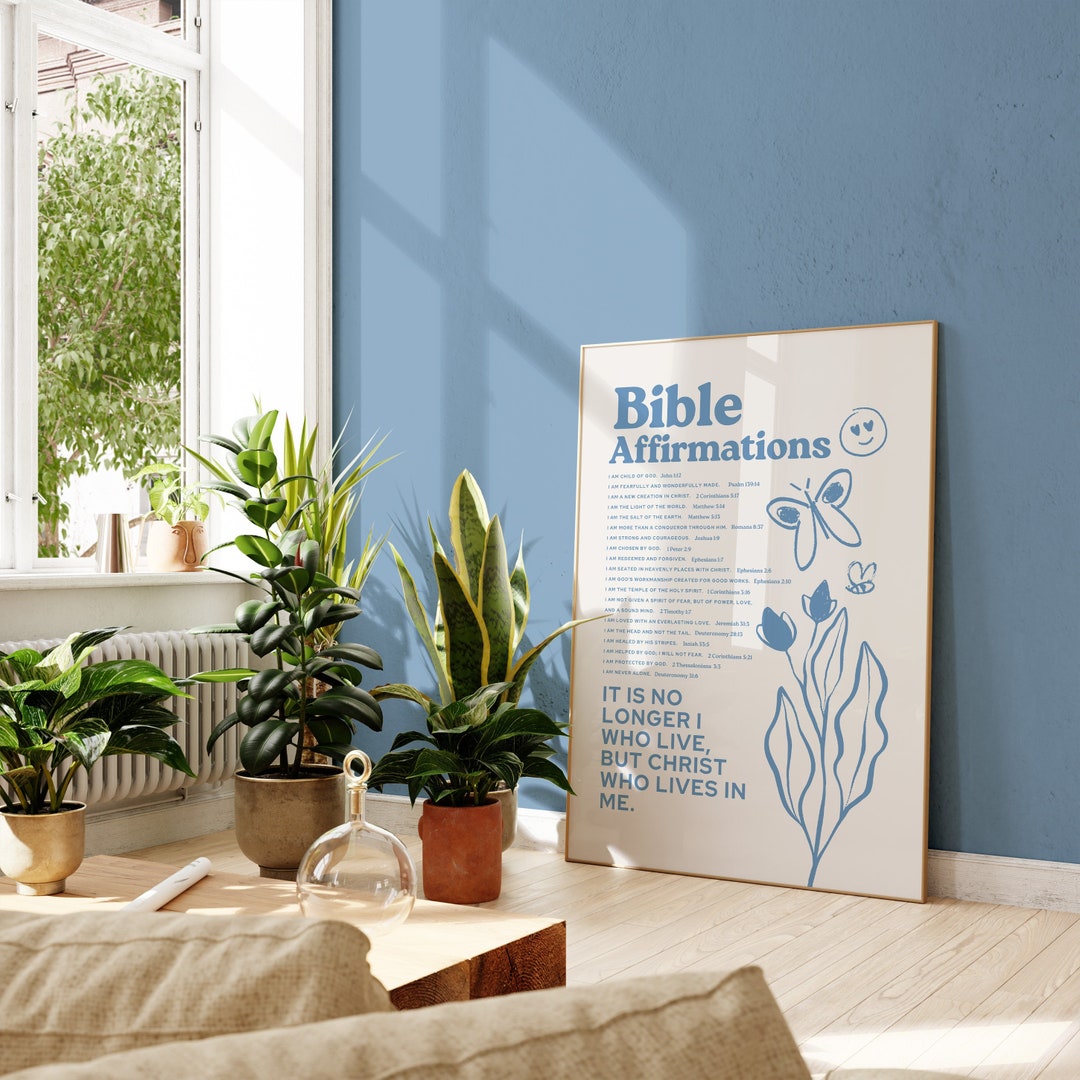 Bible Affirmations Blue Poster for Christian Girl Home Decor for Sunday ...