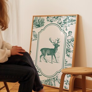 Green Toile Deer Wall Art Print, Rustic Woodland Farmhouse Decor ...