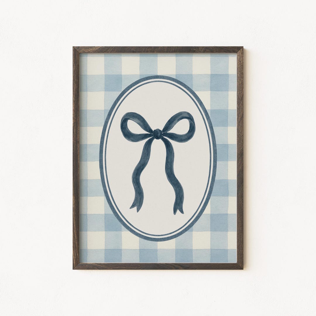 Coastal Grandmillennial Bow Wall Art, Blue Gingham Nursery Print for ...