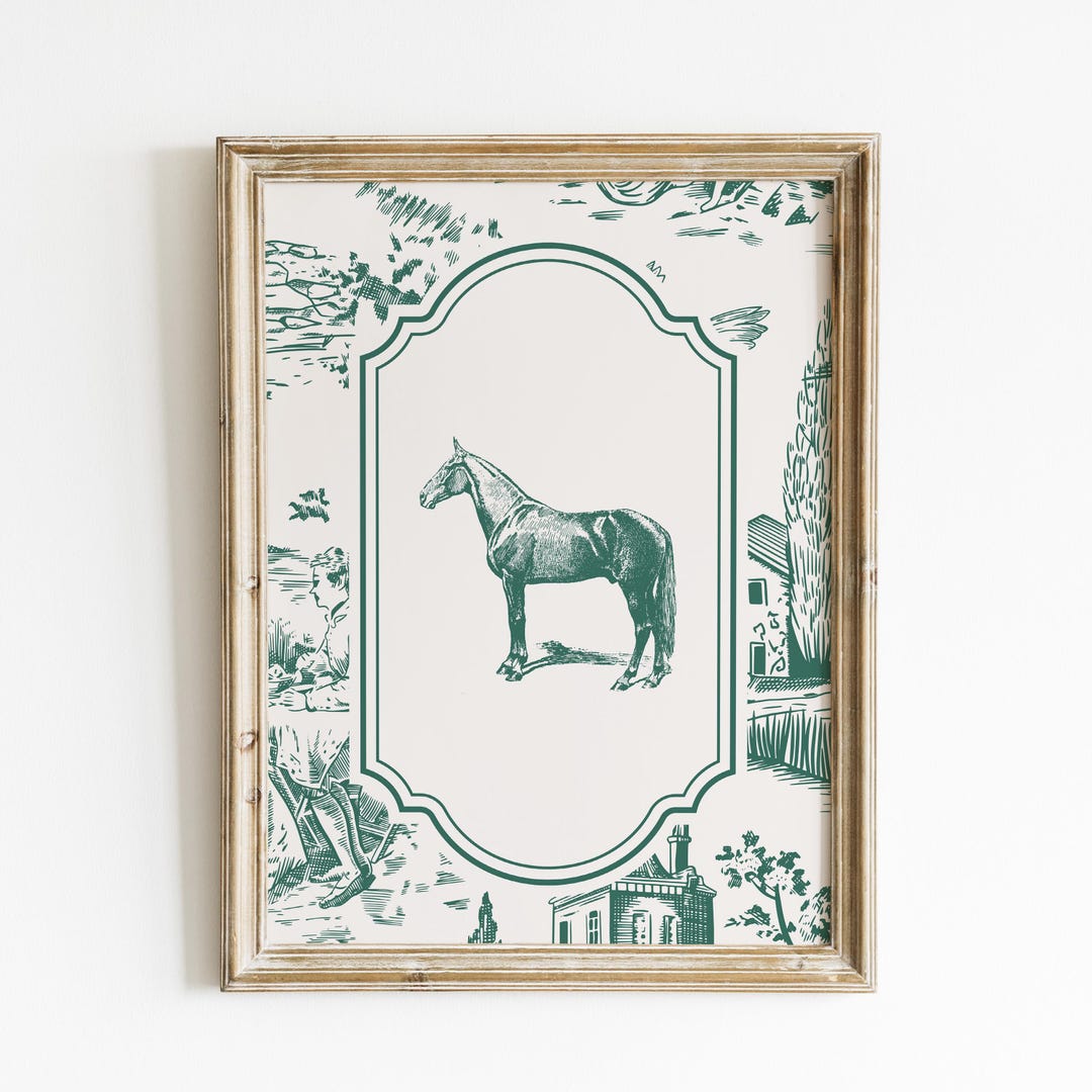 Green Toile Horse Art Print: Rustic Farmhouse Equestrian Decor (digital ...