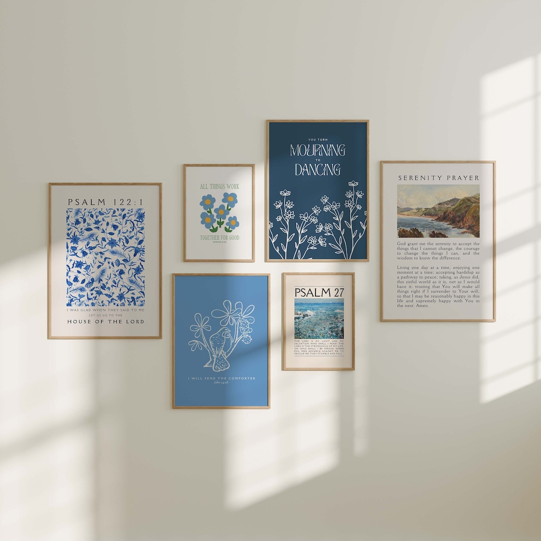 Christian Wall Art Bundle in Blue, Gallery Wall Set Colorful, Vintage ...