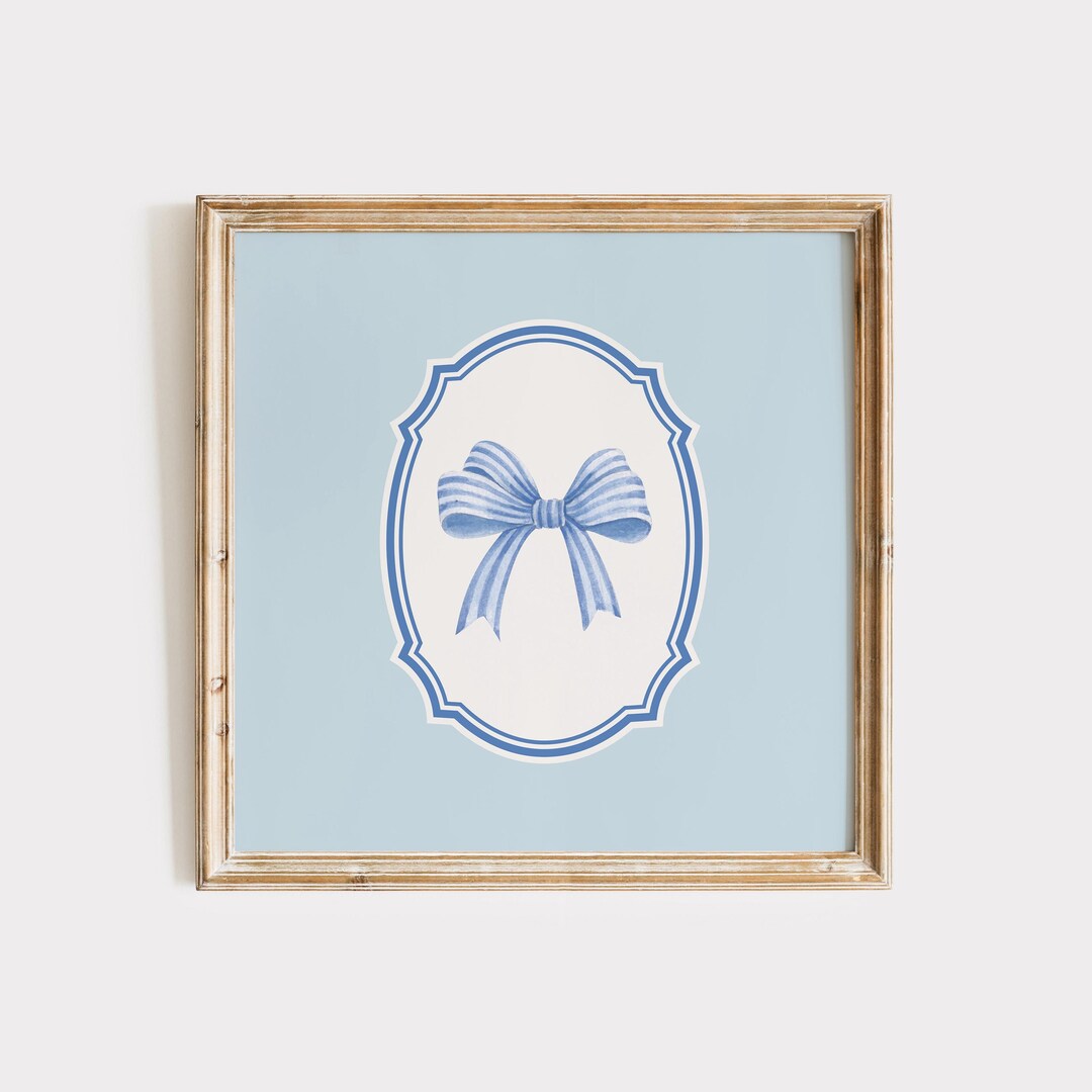 Blue Bow Wall Art | Coquette Style Printable | Preppy Ribbon Art ...