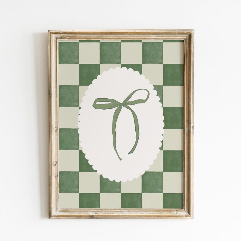 Green Bow Wall Art Print: Rustic Checkered Cottagecore (digital ...