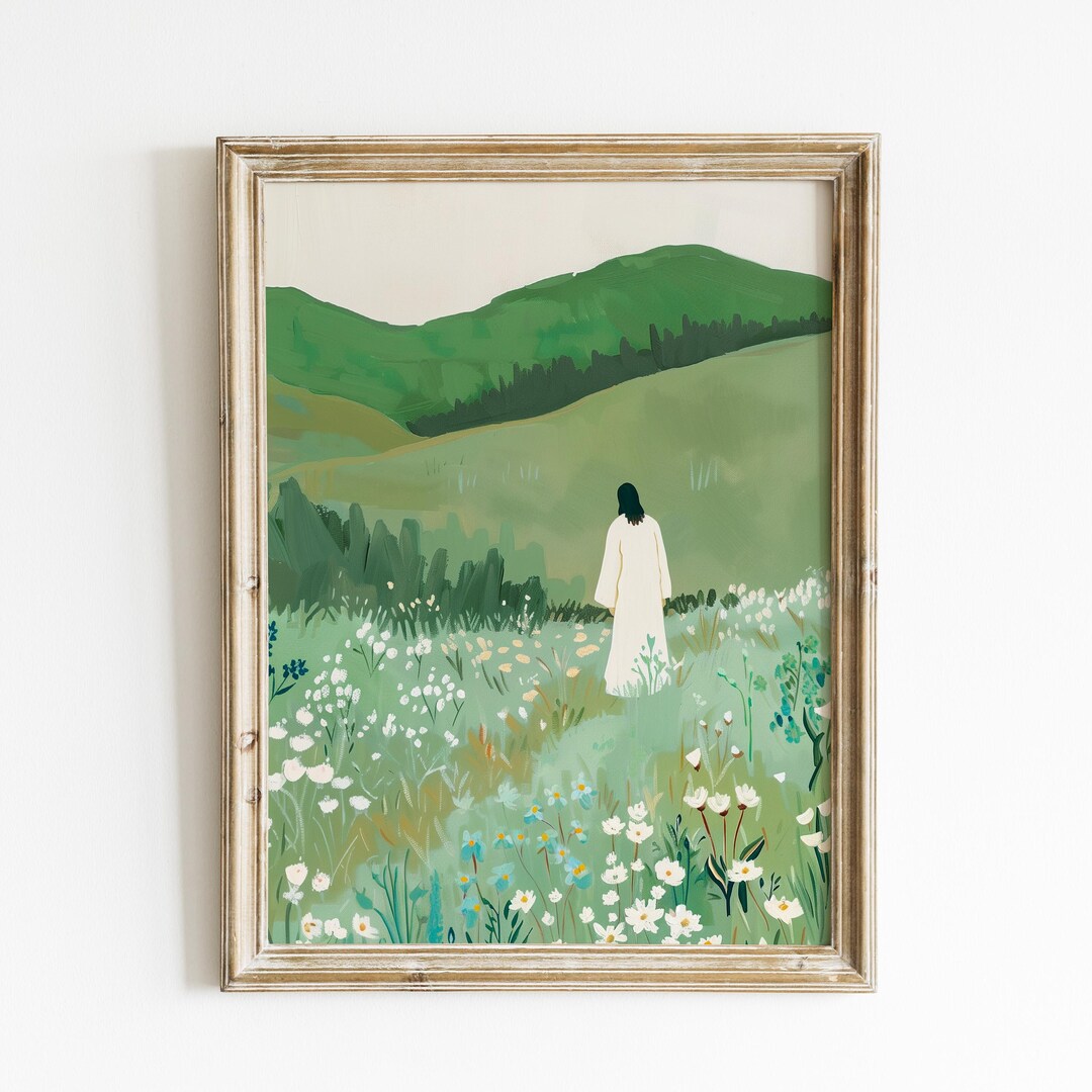 Jesus in Green Pasture Wall Art Print, Christian Landscape Artwork ...