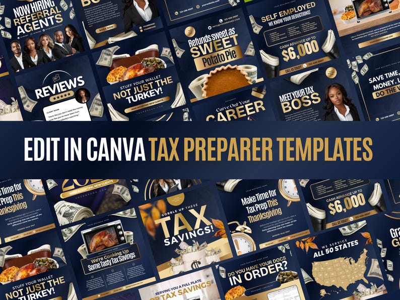 Blue & Gold Tax Prep Canva Templates, Thanksgiving Social Media ...
