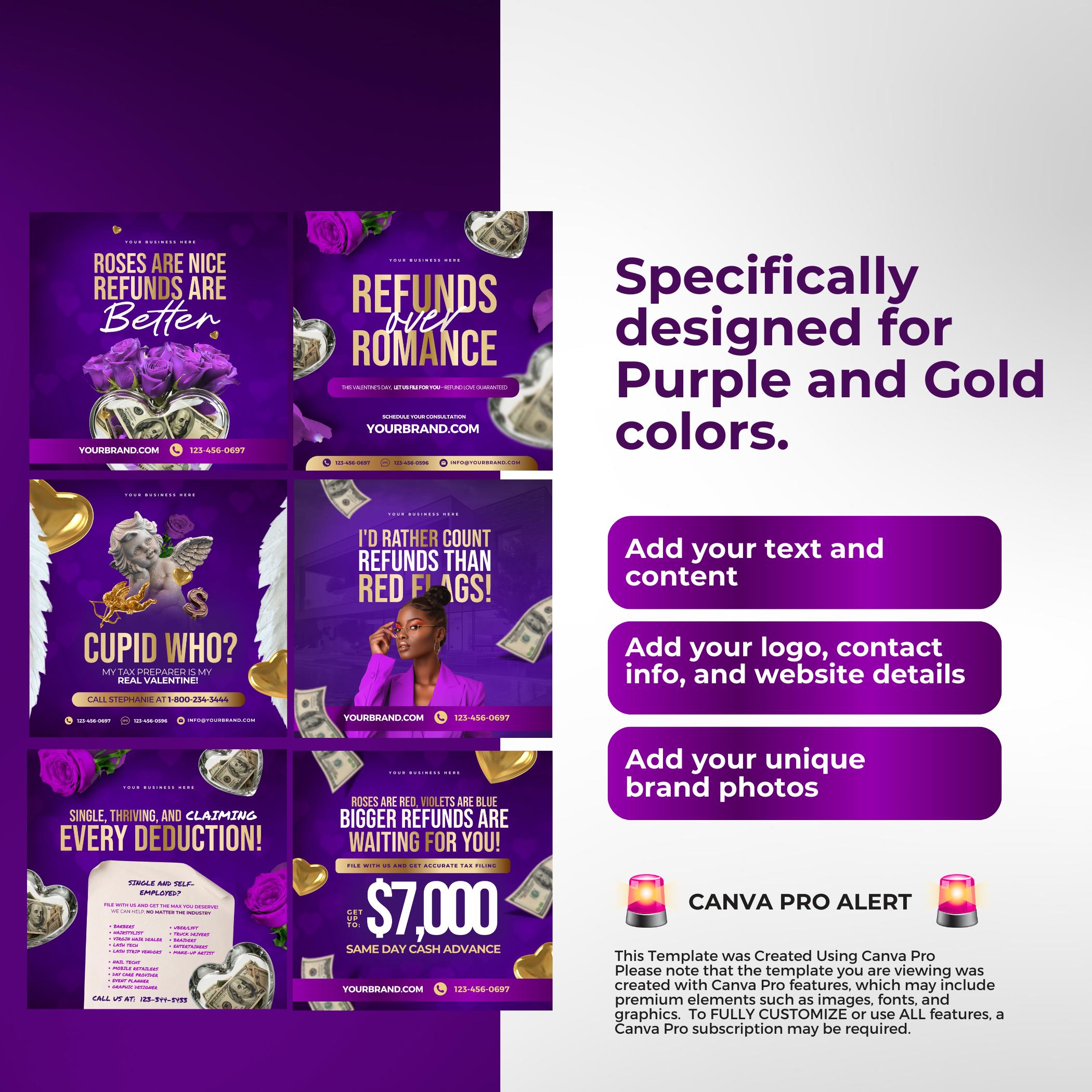 Purple and Gold Tax Prep Social Media Templates, Valentine's Day ...