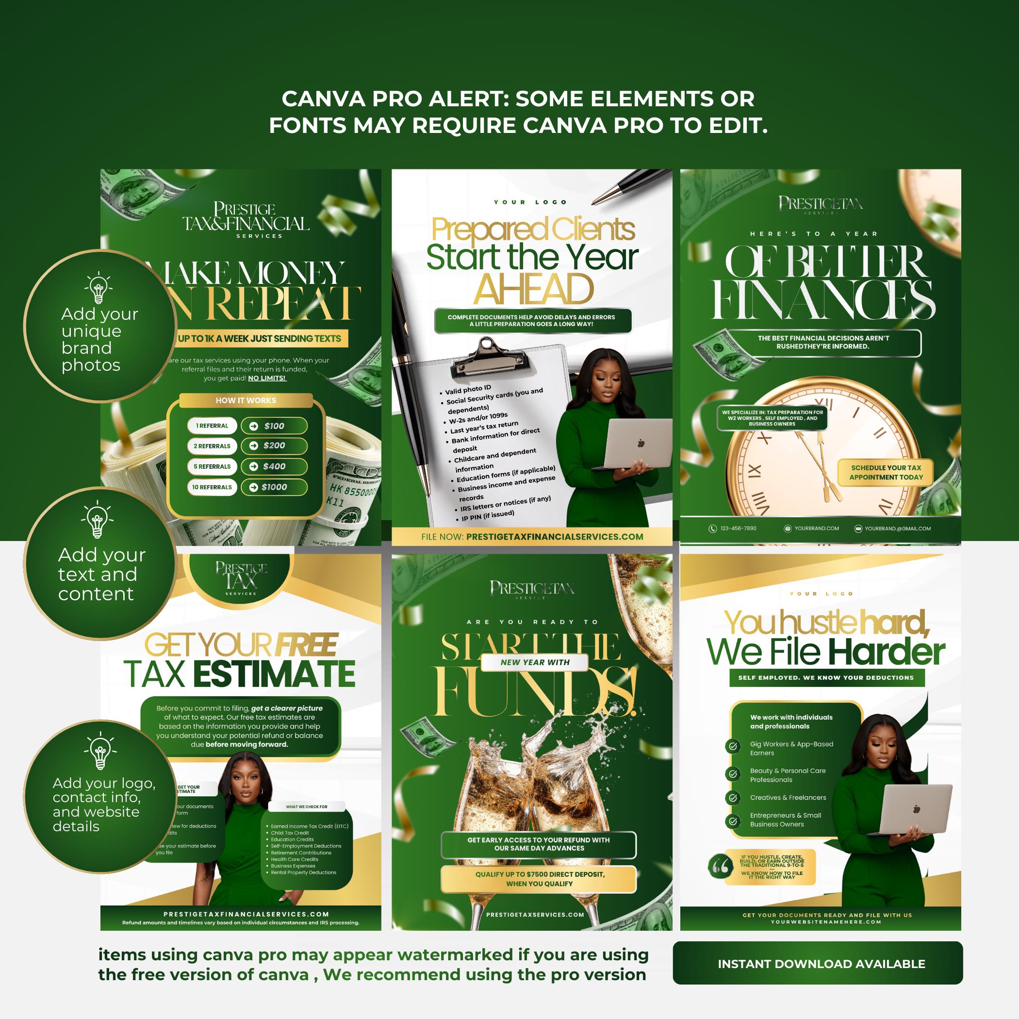 Green Tax Prep Marketing Designs | Editable Social Media Flyers for Tax ...
