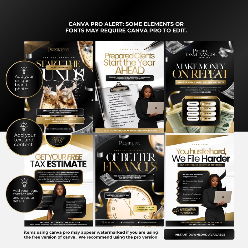 Black and Gold Tax Prep Marketing Designs | Editable Social Media ...