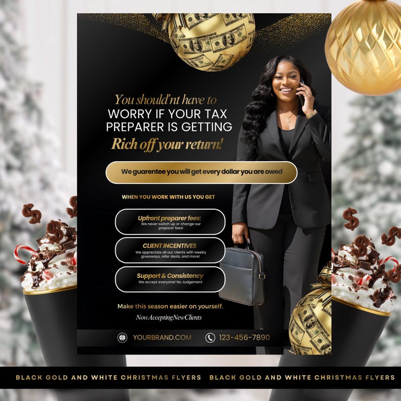 Black and Gold Christmas Tax Flyer Templates, Editable Canva (digital ...