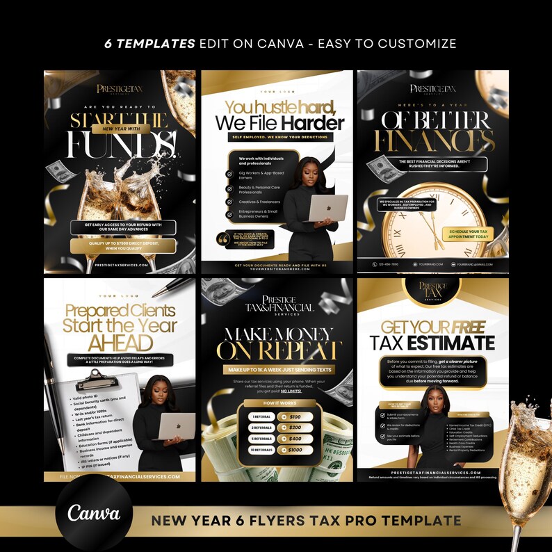 Black and Gold Tax Prep Marketing Designs | Editable Social Media ...