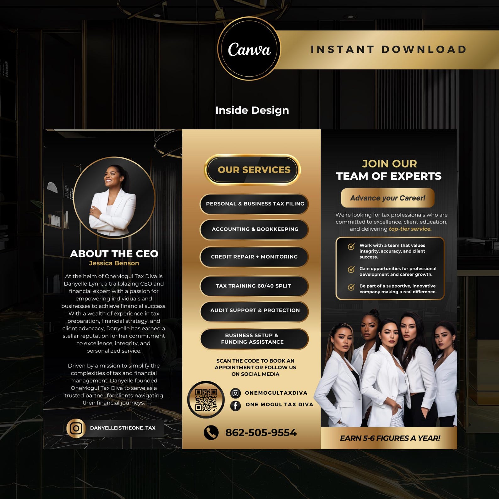 Tax Prep Trifold Brochure Template, Gold & Black Design (DIY Canva) - Etsy