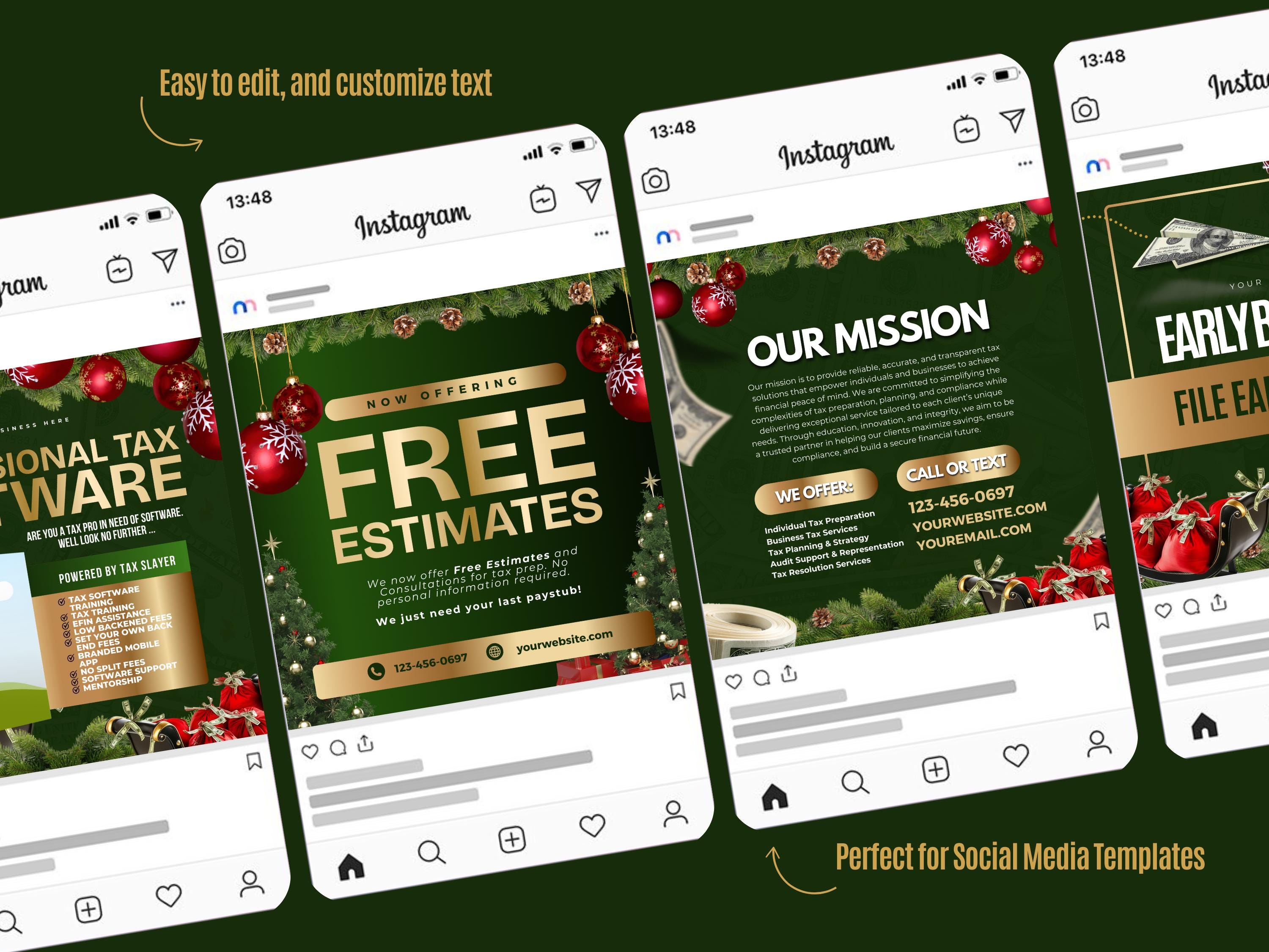 Tax Prep Social Media Templates, Green & Gold Christmas (edit in Canva ...
