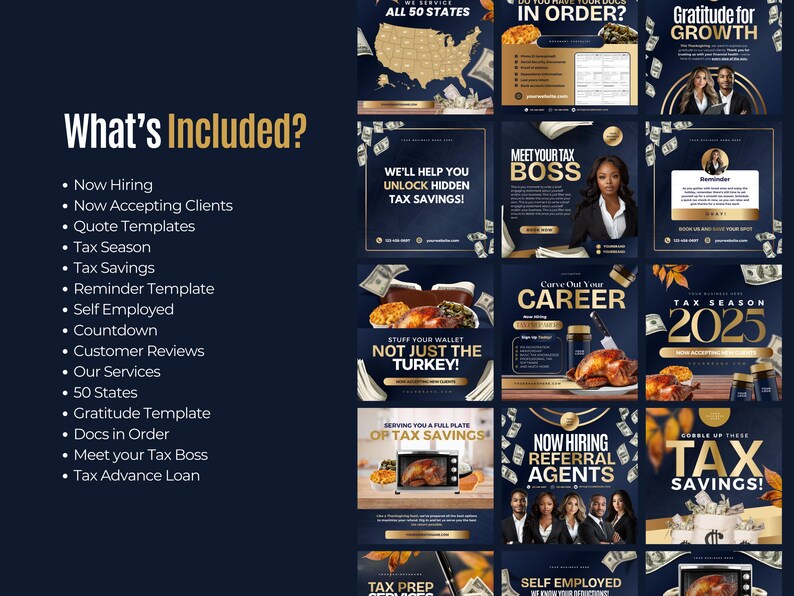 Blue & Gold Tax Prep Canva Templates, Thanksgiving Social Media ...