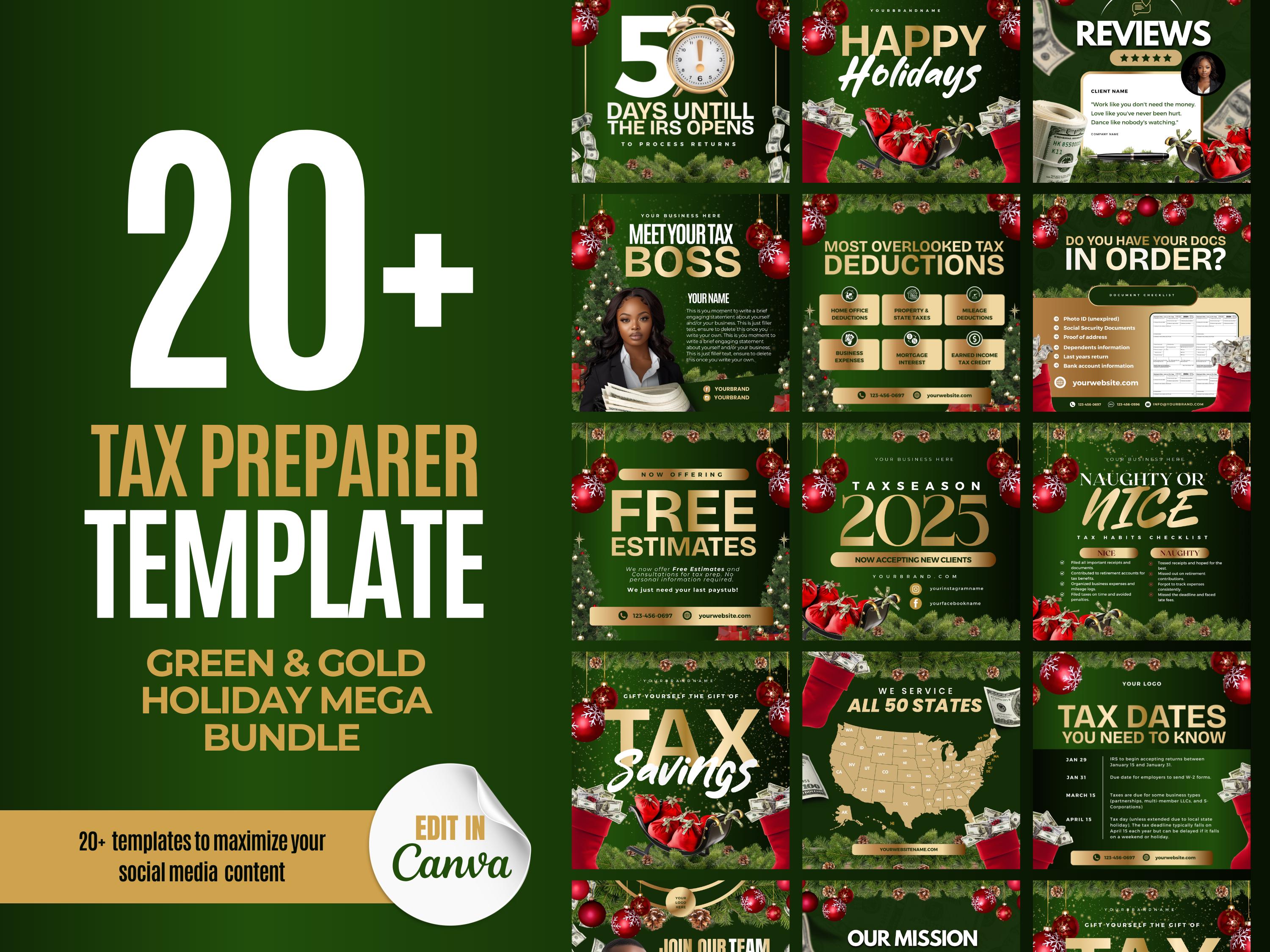 Tax Prep Social Media Templates, Green & Gold Christmas (edit in Canva ...