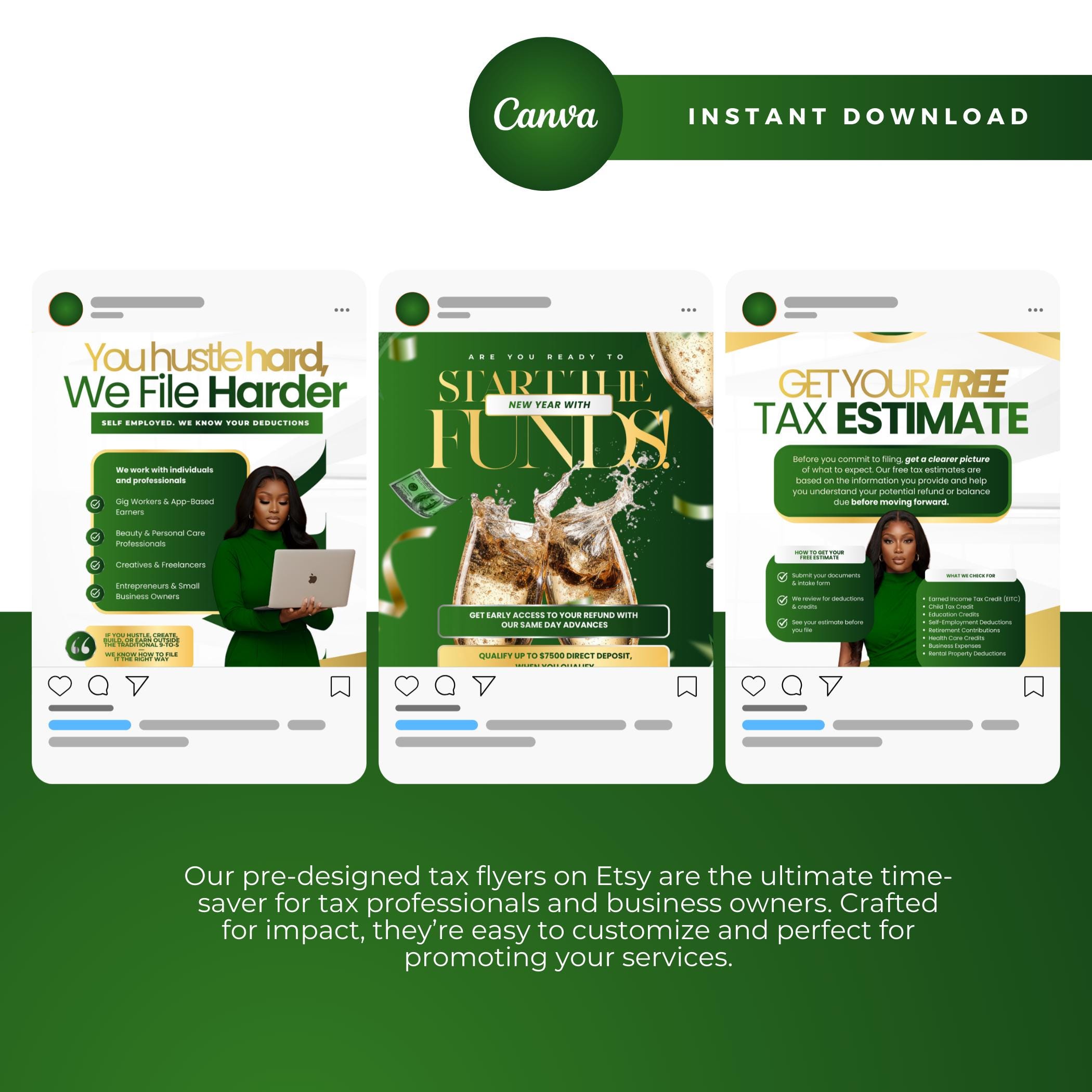 Green Tax Prep Marketing Designs | Editable Social Media Flyers for Tax ...