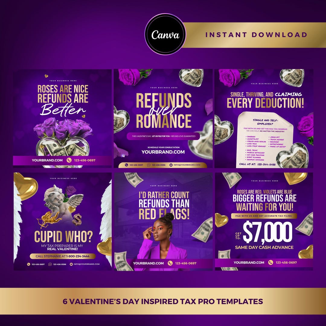 Purple and Gold Tax Prep Social Media Templates, Valentine's Day ...