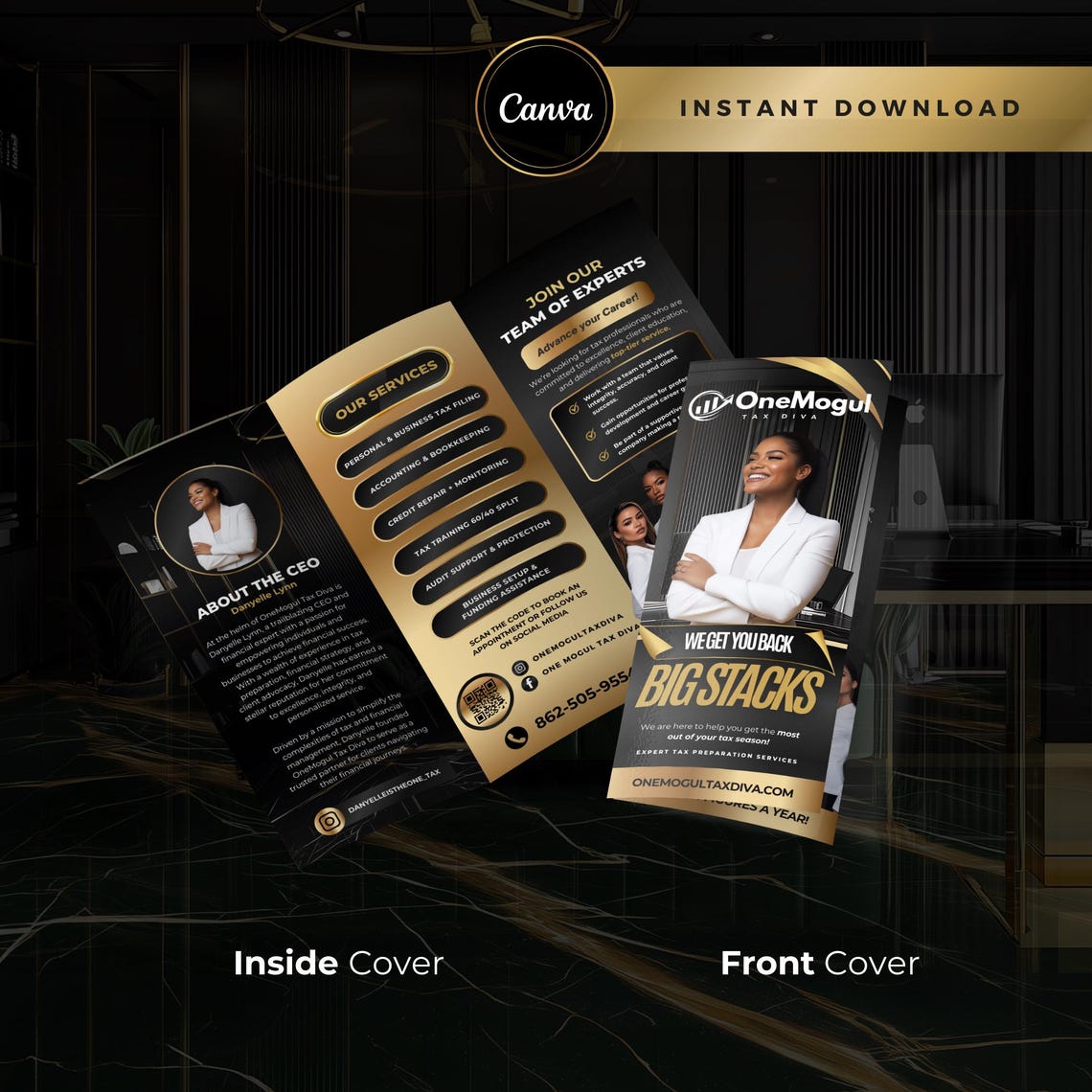 Tax Prep Trifold Brochure Template, Gold & Black Design (DIY Canva) - Etsy